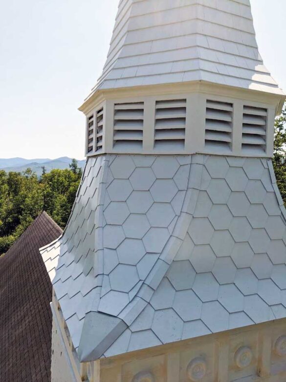 Hexagon-metal-shingles-on-church-spirejpg | Spengler Industries